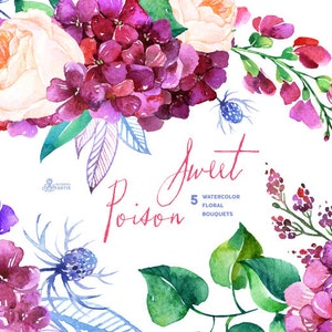 Sweet Poison: 5 Watercolor Bouquets, hydrangea, roses, poppy, wedding ...