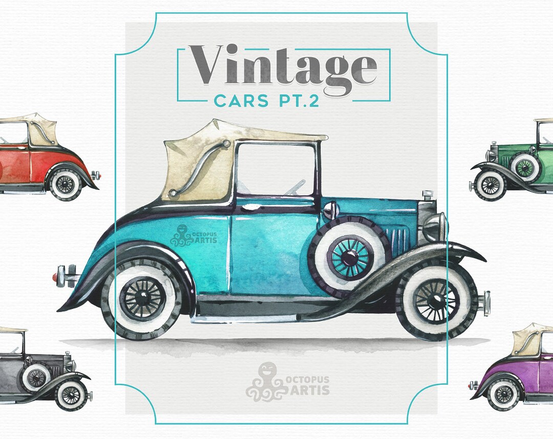 Vintage Cars Pt.2, Watercolor Clipart, Classic, Retro, Old, Antique ...