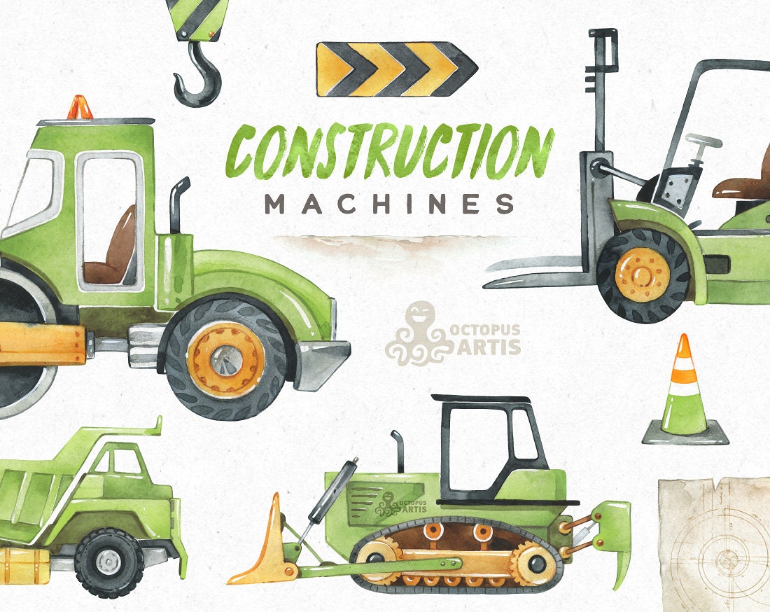 Construction Machines Green. Watercolor Clipart Building - Etsy