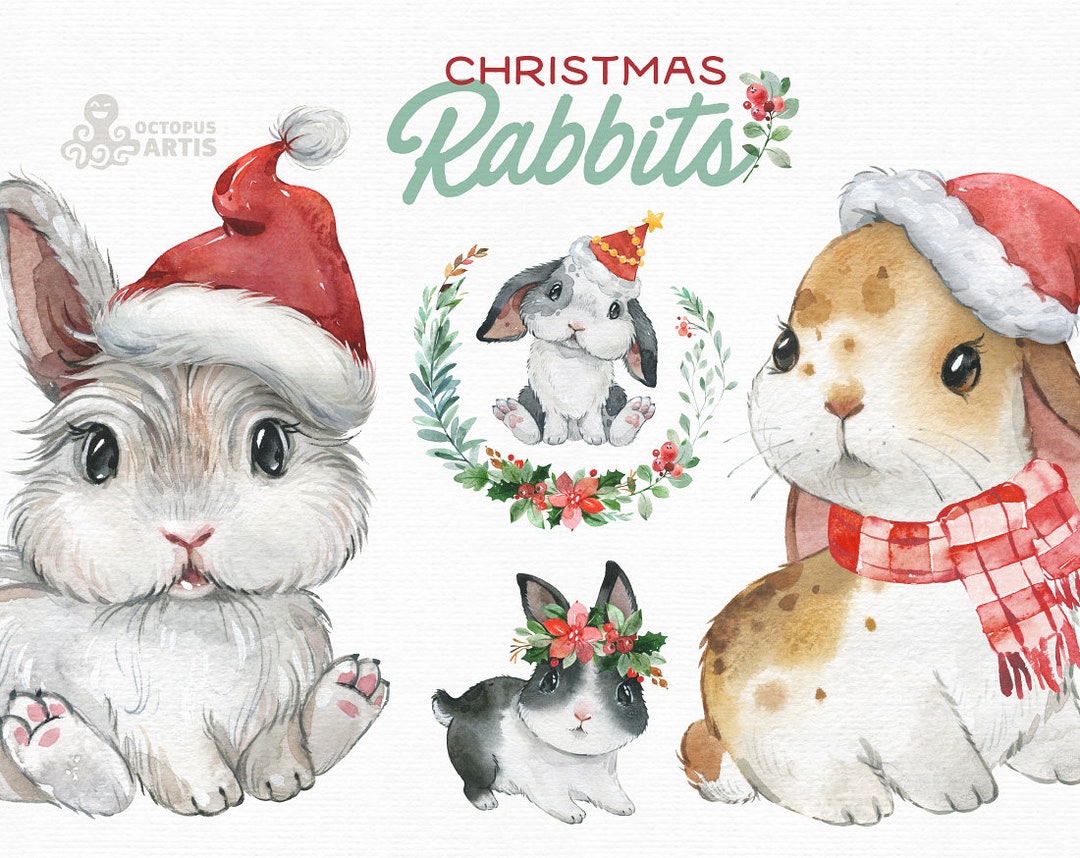 Christmas Rabbits. Watercolor Little Animals and Floral Clipart, Winter ...