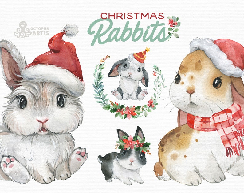 Christmas Rabbits. Watercolor Little Animals and Floral - Etsy