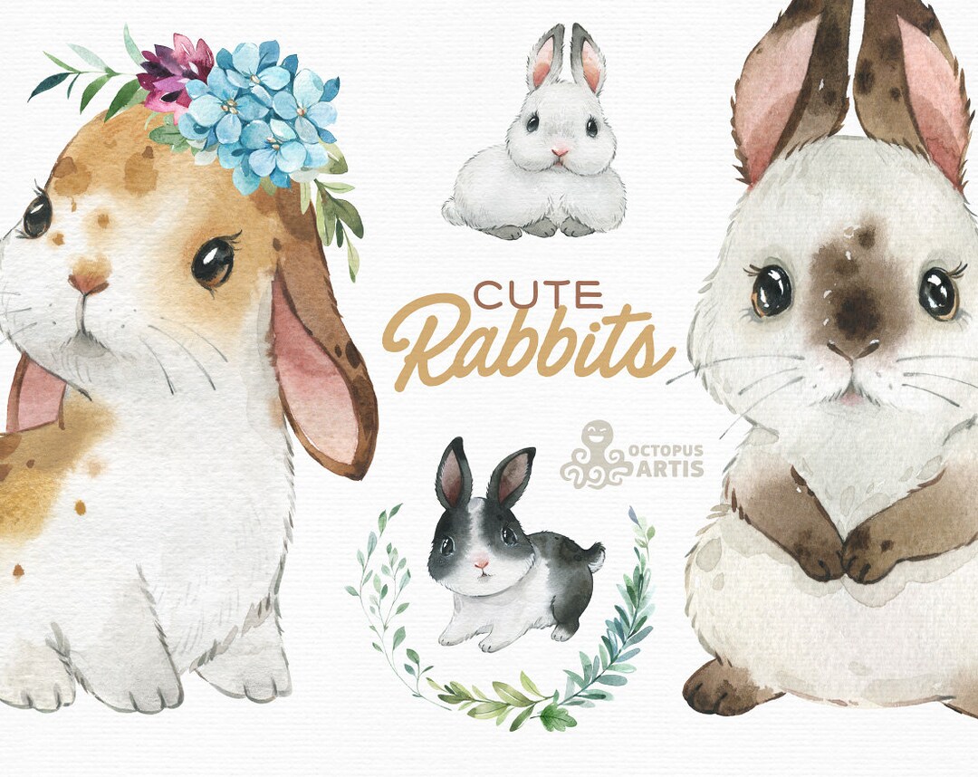 Cute Rabbits. Watercolor Little Animals and Floral Clipart, Spring ...