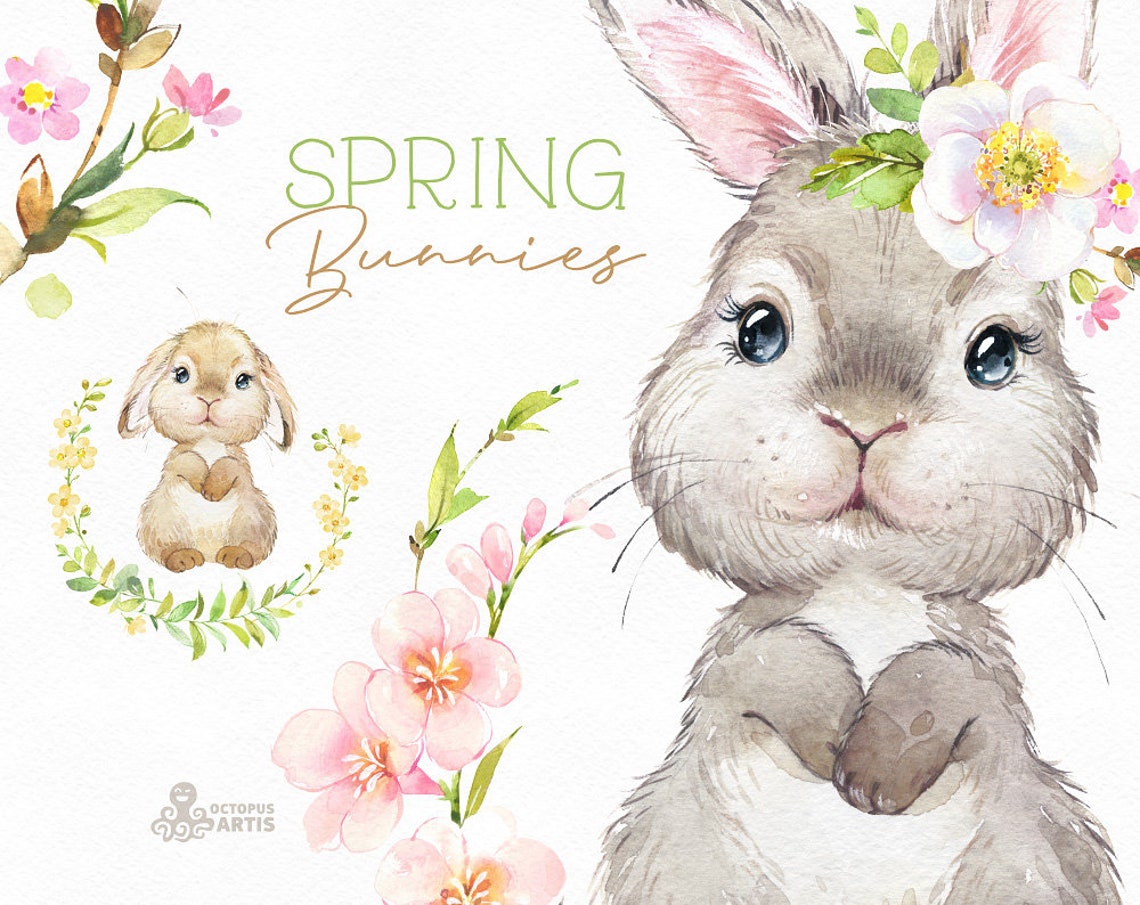 Spring Bunnies. Watercolor Little Animals and Floral Clipart - Etsy UK