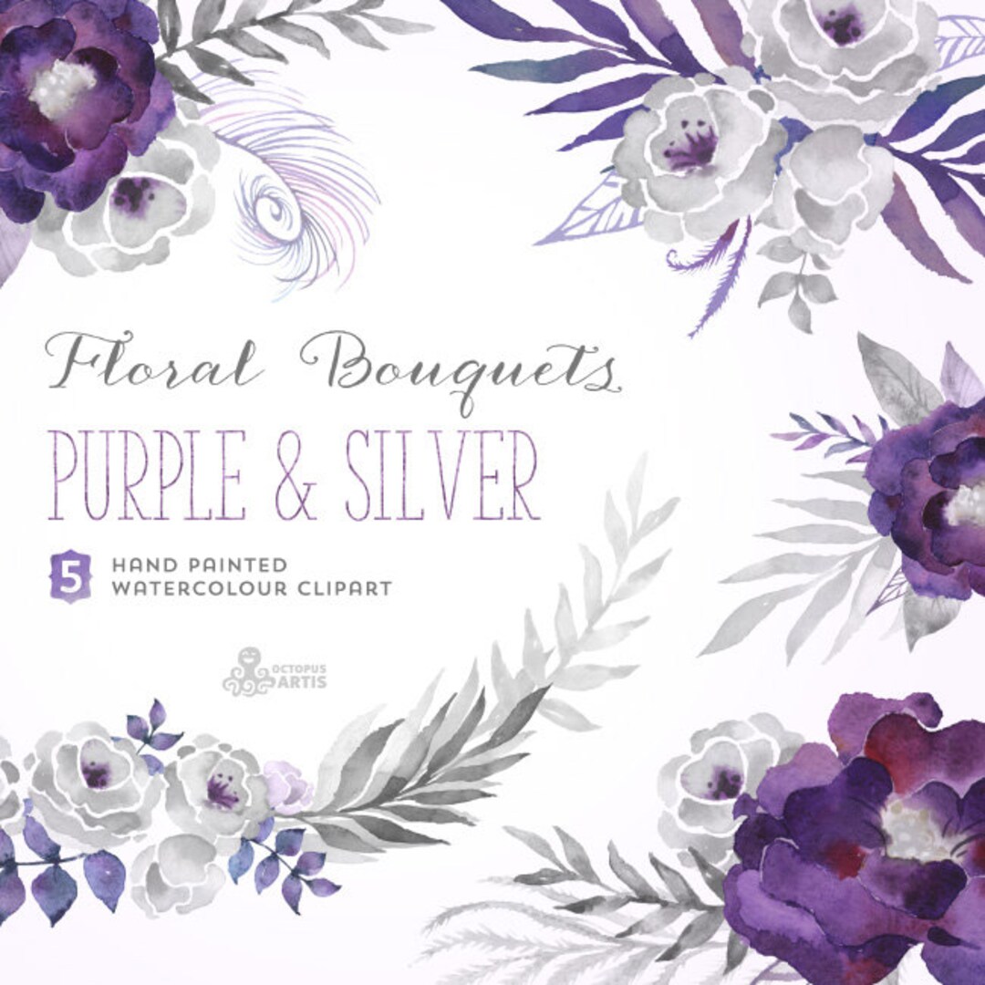 Purple & Silver Floral Bouquets. Digital Clipart. Hand Painted ...