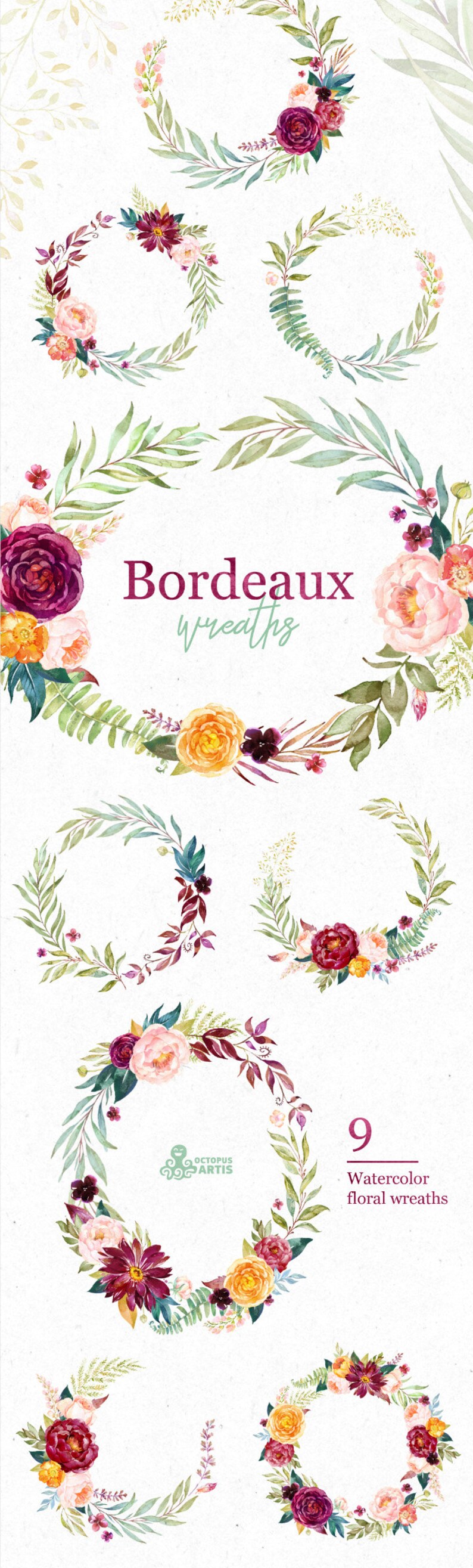 Bordeaux. Wreaths Watercolor Floral Clipart Burgundy - Etsy