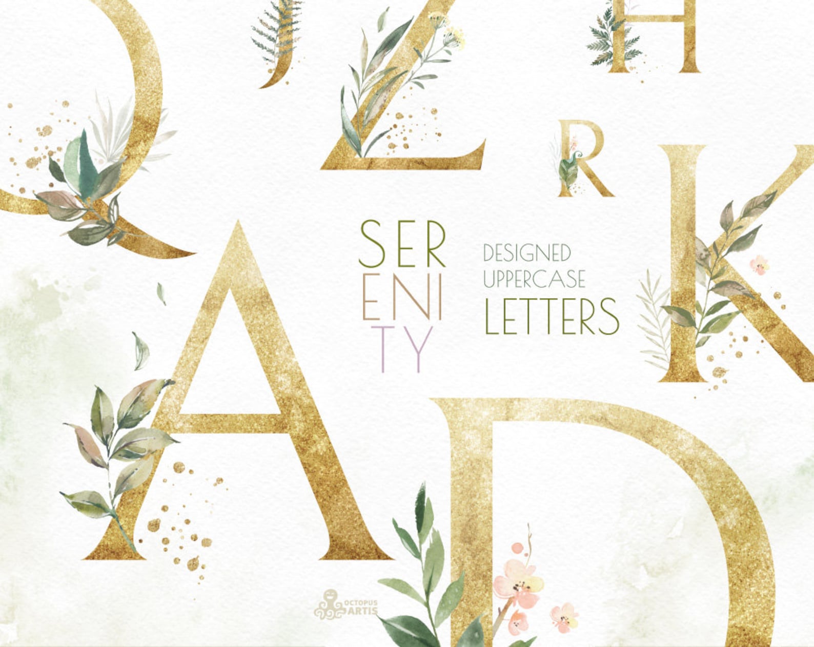 Serenity Letters. Watercolor Floral Alphabet Clipart Leaf - Etsy