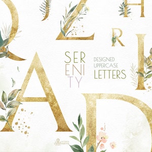 Serenity Letters. Watercolor Floral Alphabet Clipart, Leaf, Monogram ...