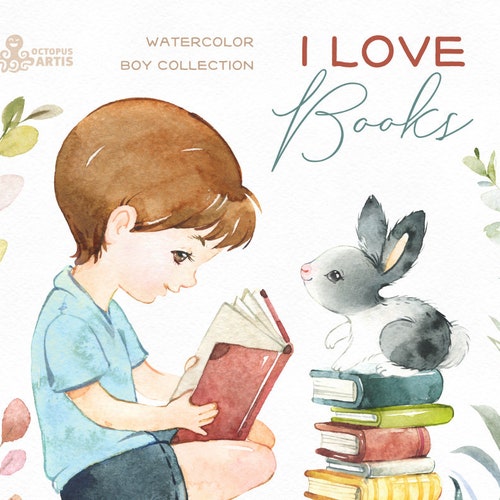 Girls Love Books Watercolor Clipart Reading Flowers - Etsy