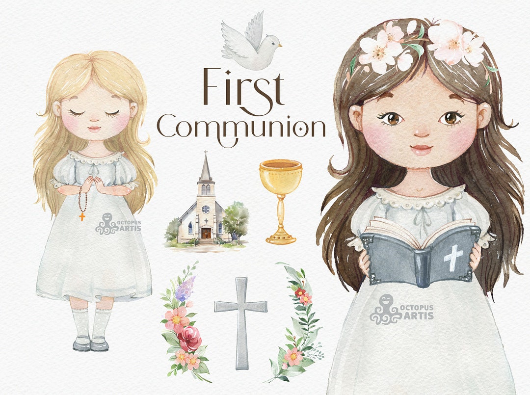 First Communion. Watercolor Clipart, Little Girl, Church, Holy, Flowers ...