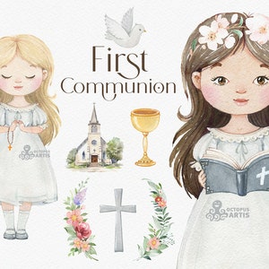 First Communion. Watercolor Clipart, Little Girl, Church, Holy, Flowers ...