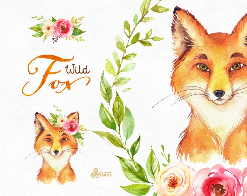 Wild Fox. Watercolor Fox With Wreath and Flowers Hand Painted - Etsy