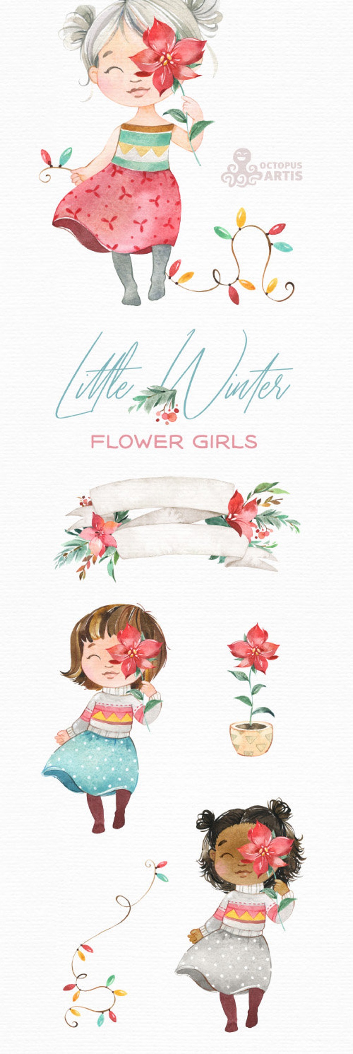 Little Winter. Flower Girls. Watercolor Christmas Clipart | Etsy