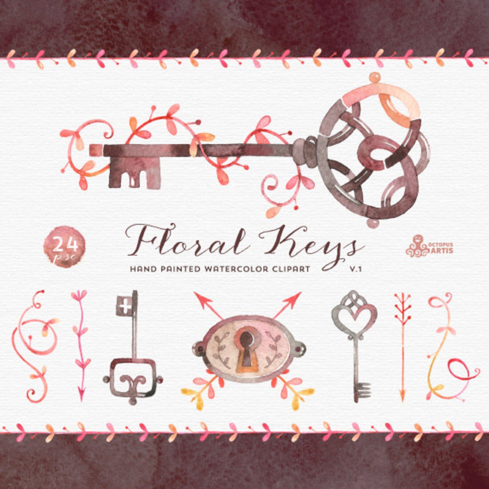 Floral Keys Watercolor V1: 24 Hand Painted Clipart Keys - Etsy