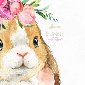 Bunny & Tulips. Watercolor Little Animals and Floral Clipart, Flowers ...
