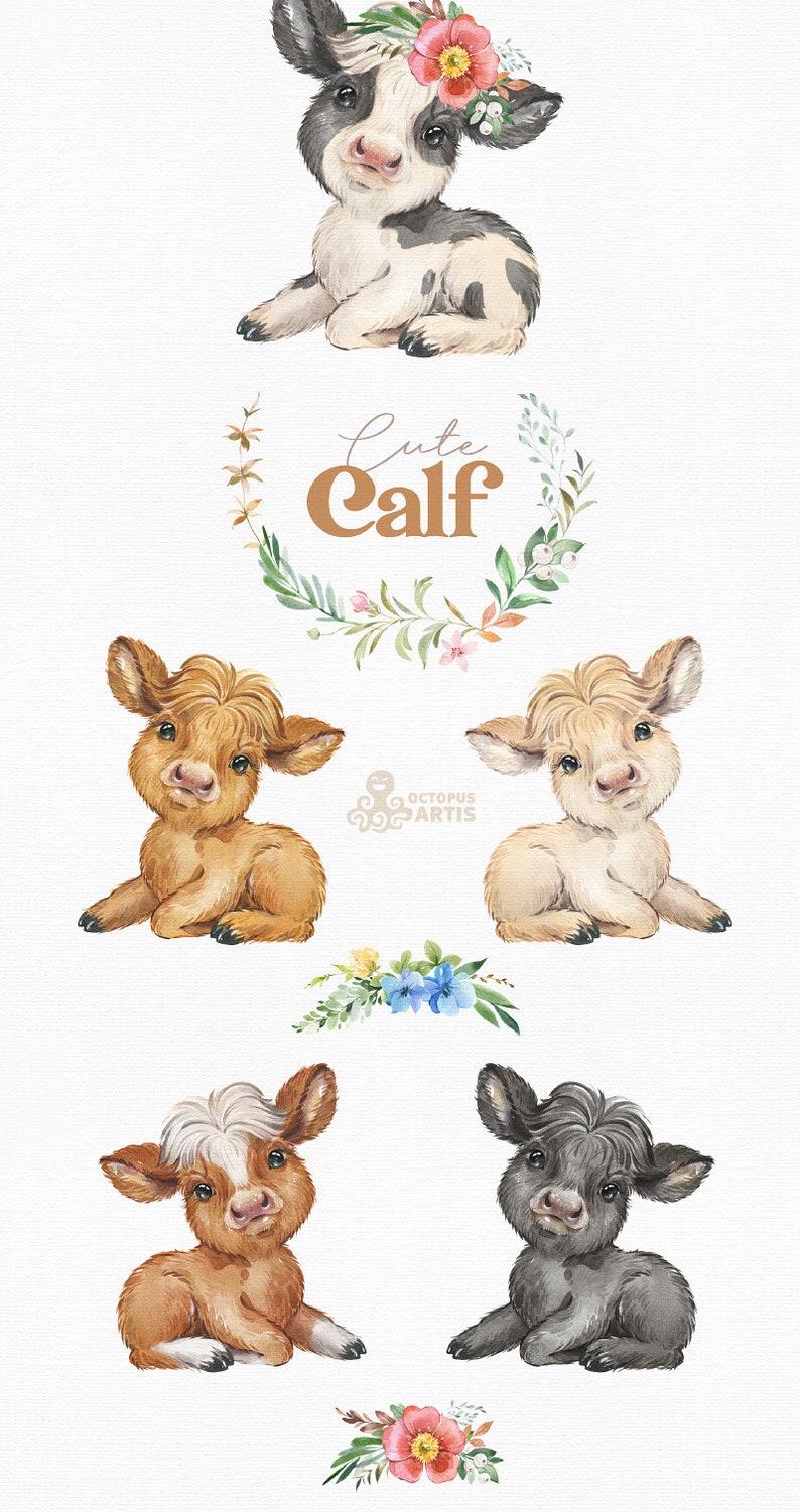 Cute Calf. Watercolor Little Animals Clipart Cow Baby - Etsy