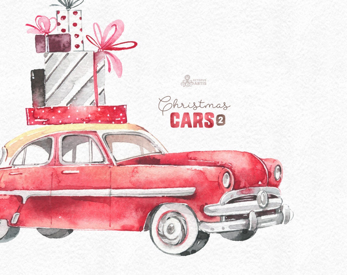 Christmas Cars 2. Watercolor Holiday Clipart Vintage | Etsy