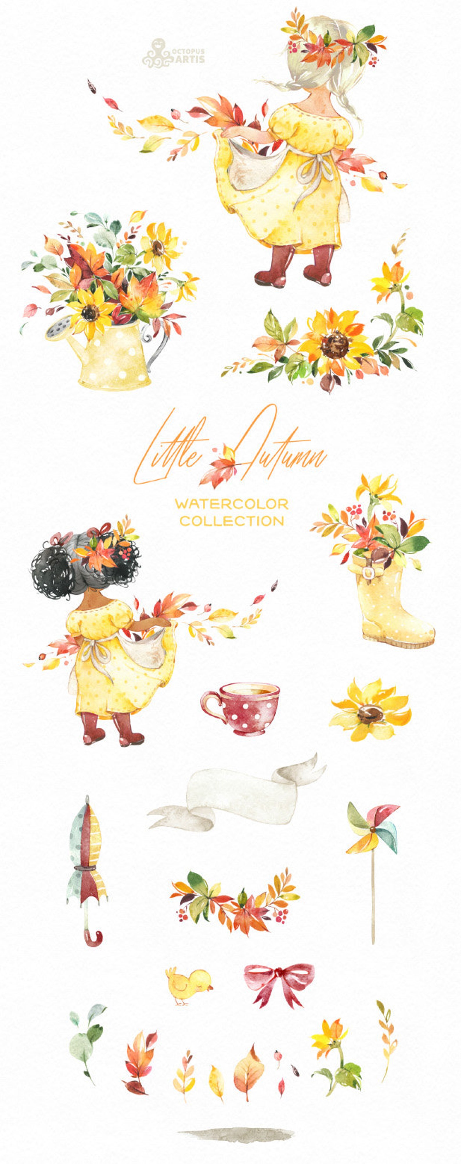 Little Autumn 2. Watercolor Clipart Cute Girl Fall Flowers | Etsy