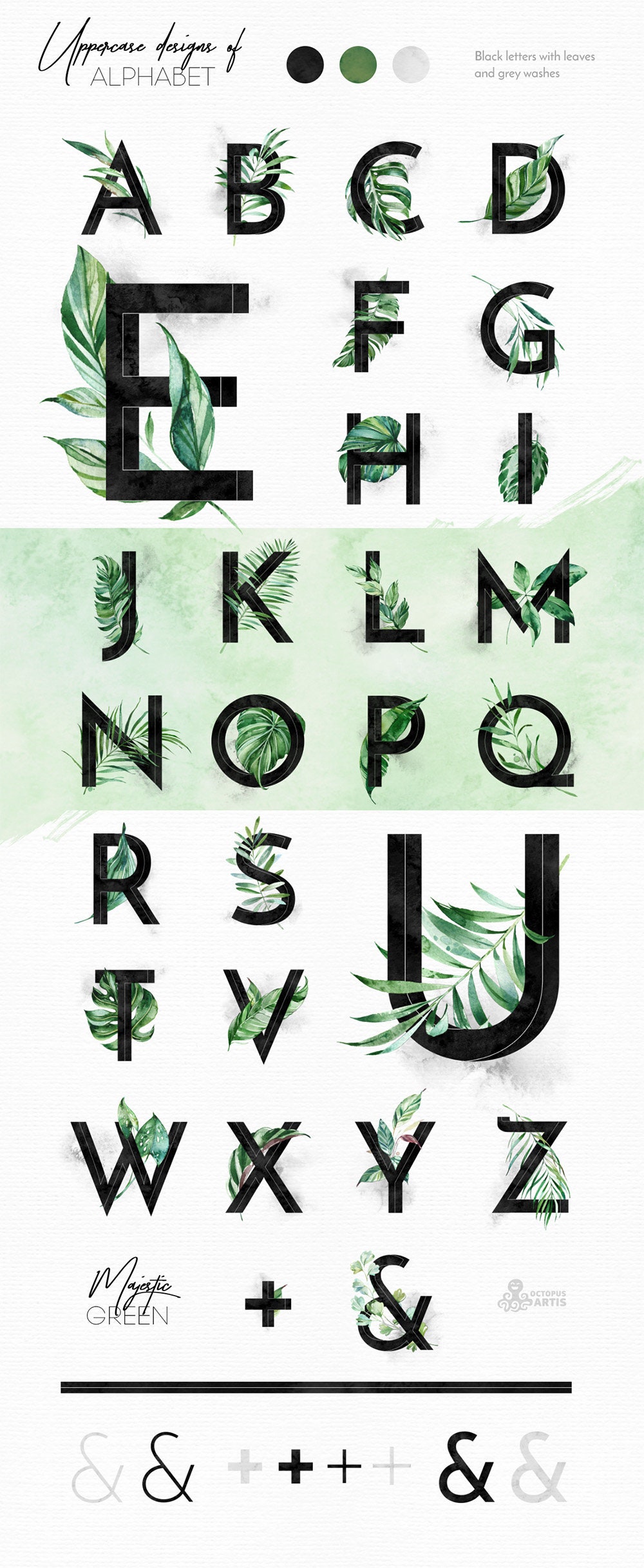 Majestic Green. Black Alphabet. 35 Uppercase Letters Designs | Etsy