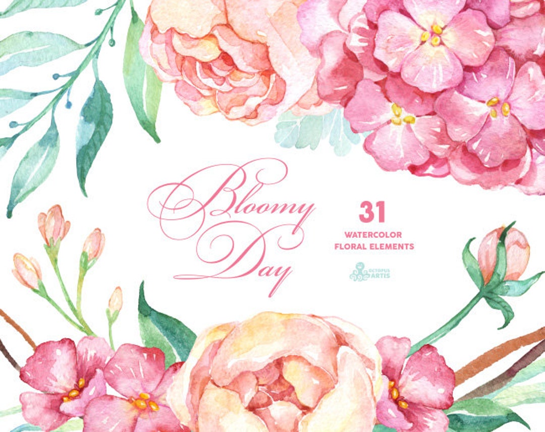 Bloomy Day: 31 Floral Elements, Hydrangea, Peonies, Watercolor Flowers, Wedding Invitation ...