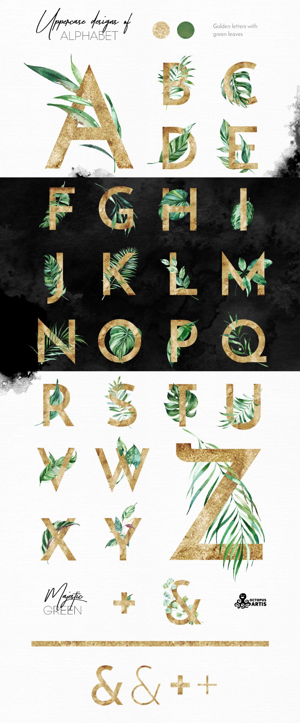 Majestic Green. Golden Alphabet. 33 Uppercase Letters Designs - Etsy