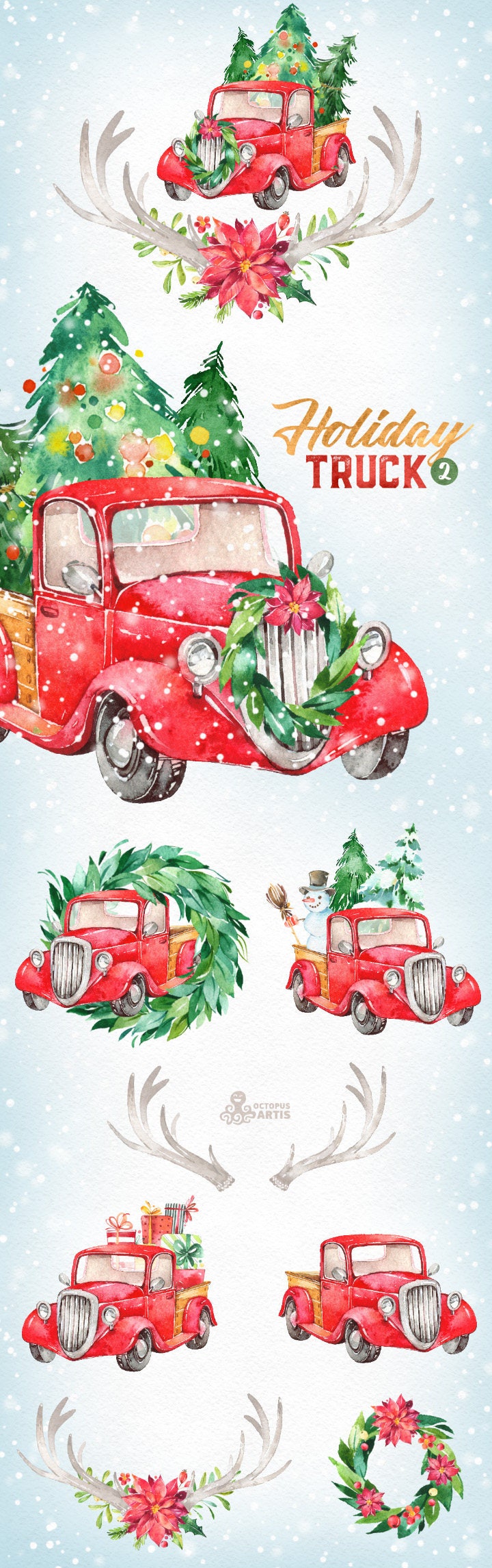 Holiday Truck. Watercolor Christmas Clipart Vintage Retro | Etsy