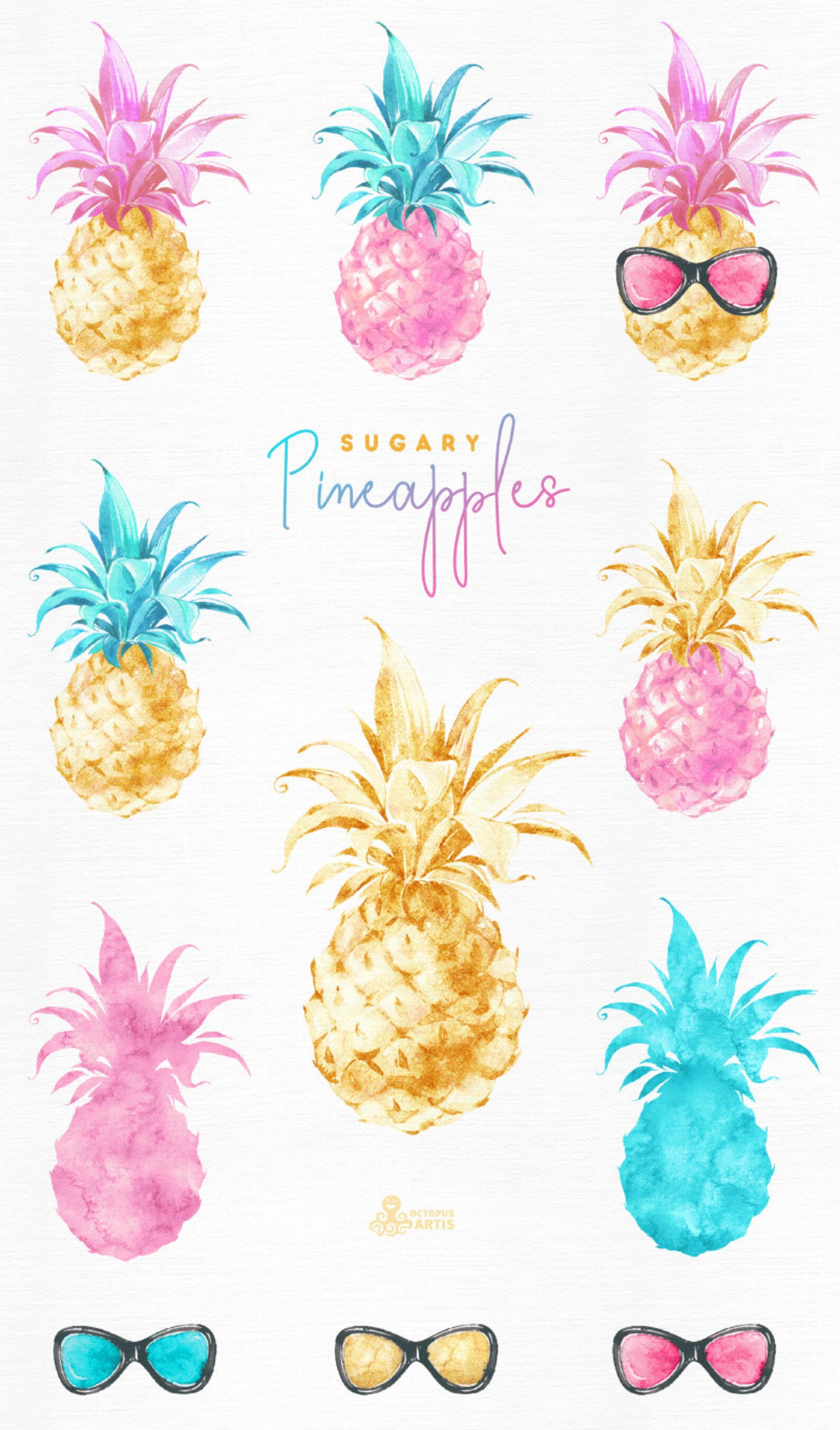 Sugary Pineapples. Watercolor Fruit Clipart Golden Glitter - Etsy