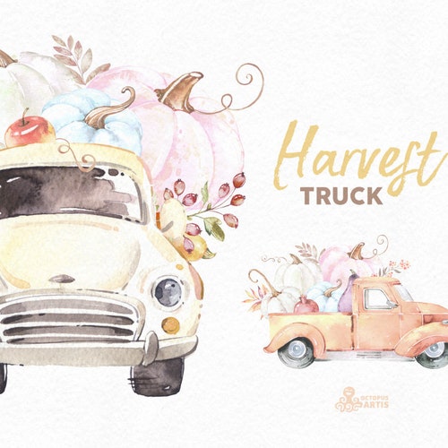 Harvest Truck 3. Watercolor Fall Clipart Pumpkins Car - Etsy