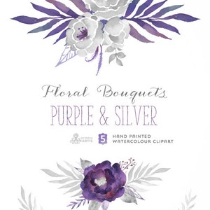 Purple & Silver Floral Bouquets. Digital Clipart. Hand Painted ...
