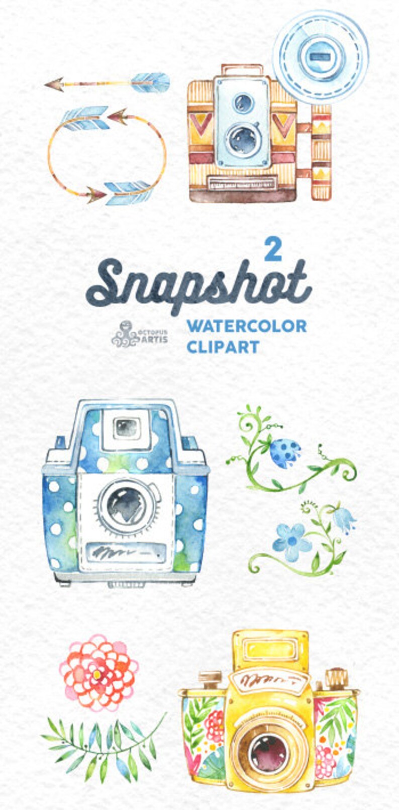 Snapshot2. Watercolor Handpainted Cameras Clipart Wedding - Etsy