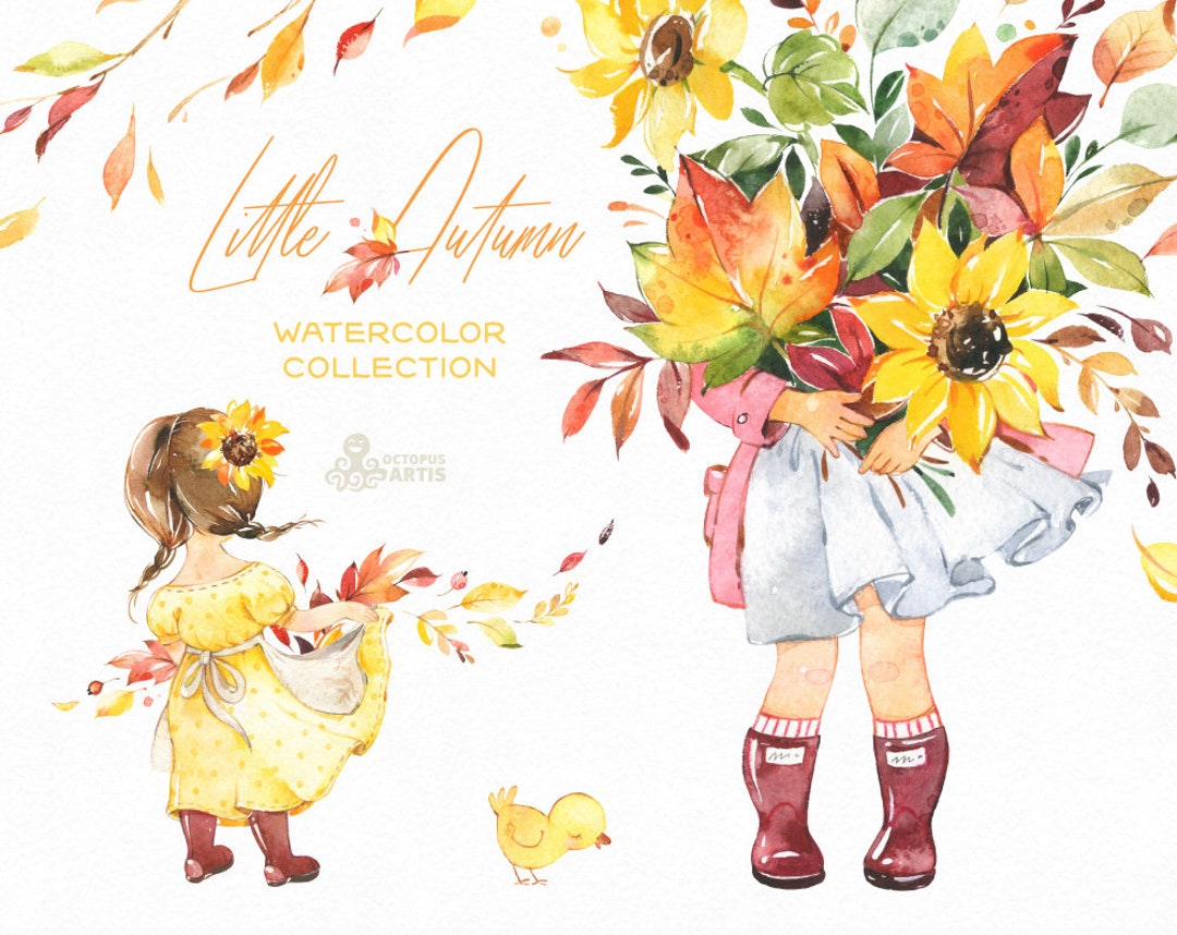 Little Autumn 2. Watercolor Clipart, Cute Girl, Fall, Flowers, Outdoor ...