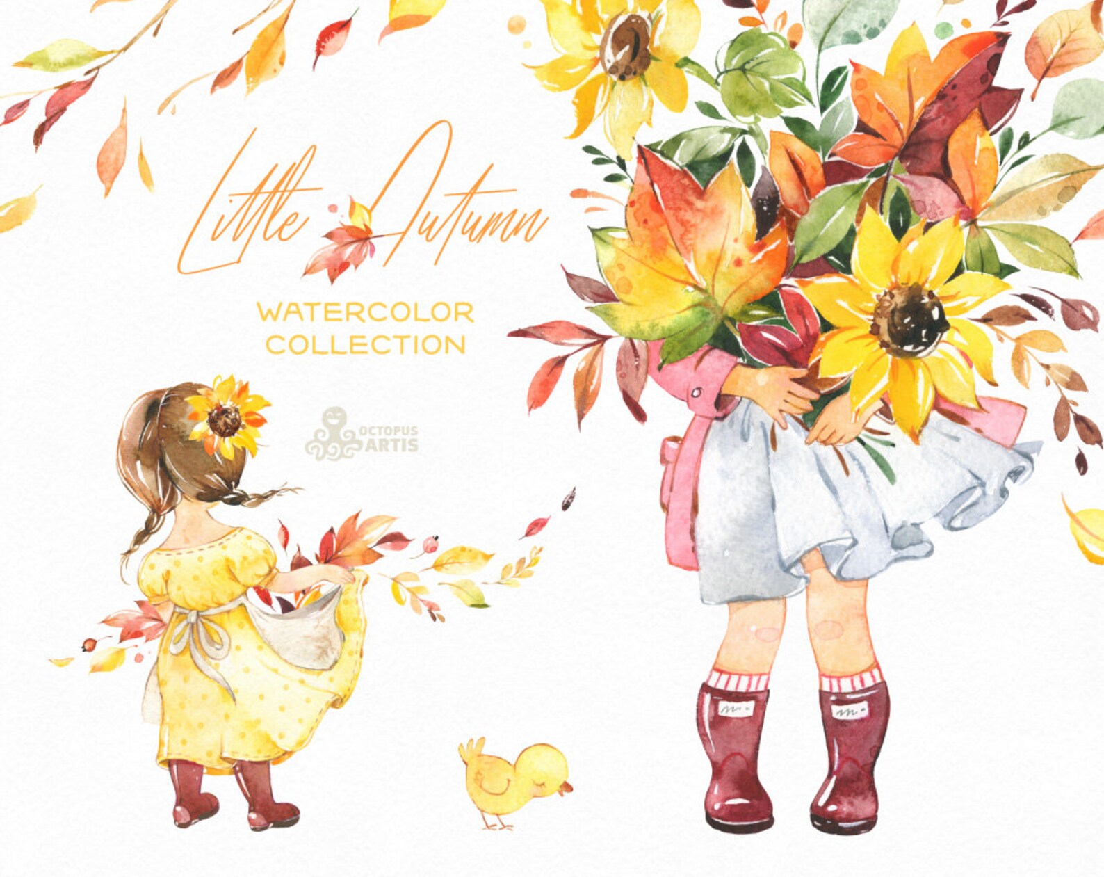 Little Autumn 2. Watercolor Clipart Cute Girl Fall Flowers | Etsy