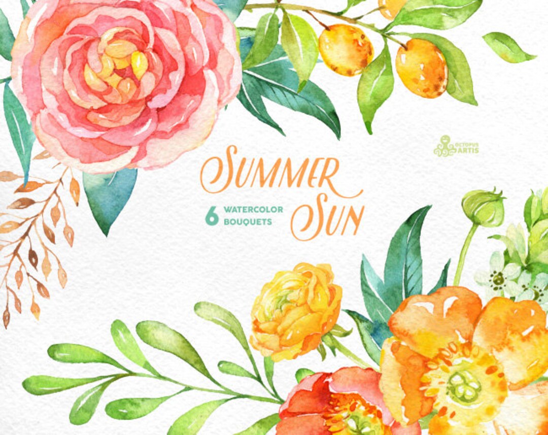 Summer Sun: 6 Watercolor Bouquets, Popies, Ranunculus, Peonies, Floral ...