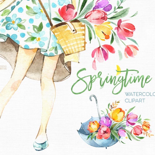 Springtime. Watercolor Floral Clipart Girls Tulips Frame - Etsy