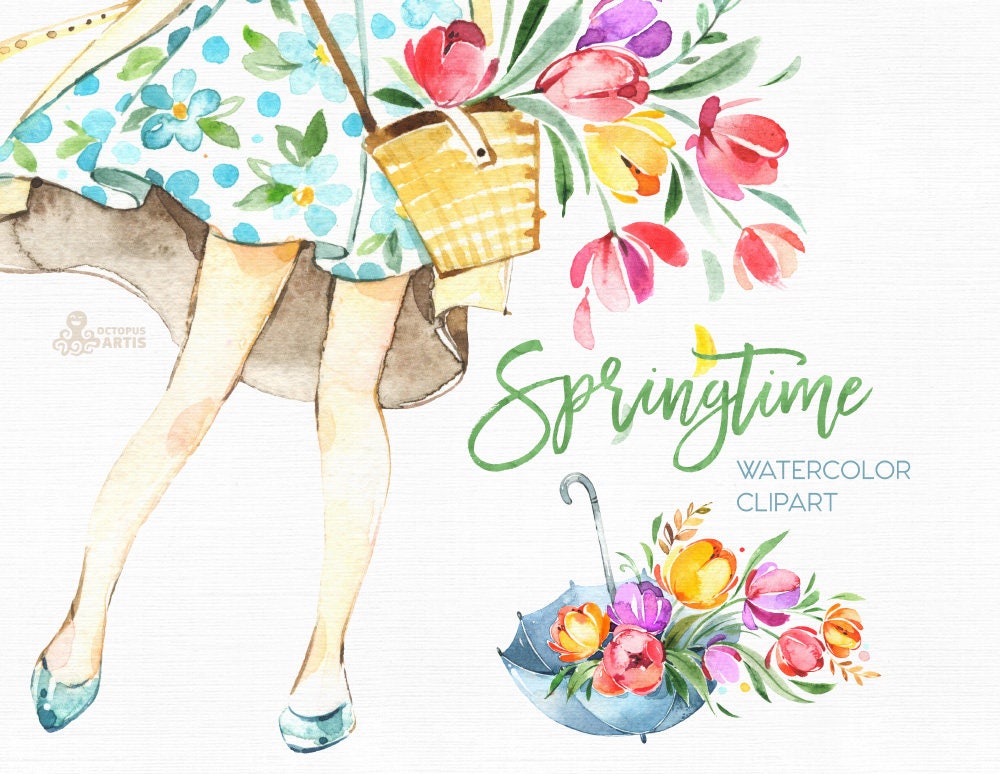 Springtime. Watercolor floral clipart girls tulips frame | Etsy