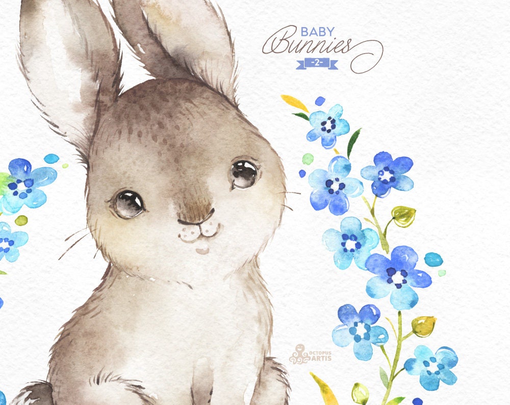 Baby Bunnies 2. Watercolor Little Animals and Floral Clipart | Etsy