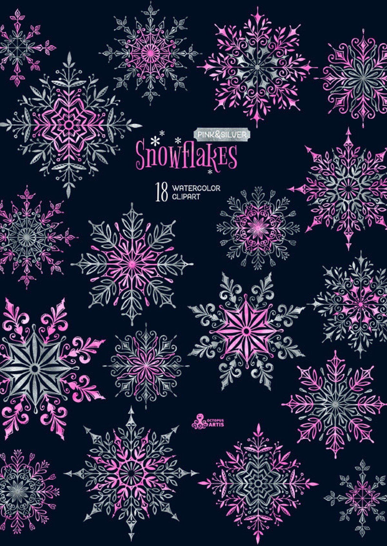 Snowflakes Pink & Silver. 18 Watercolor Separate Elements - Etsy