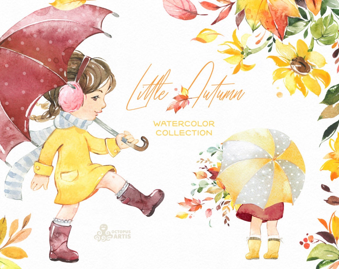 Little Autumn. Watercolor Clipart, Cute Girl, Fall, Flowers, Outdoor ...
