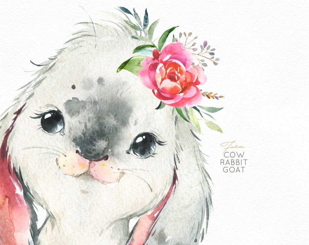 Farm Cow Rabbit Goat. Watercolor Little Animals Clipart Calf | Etsy
