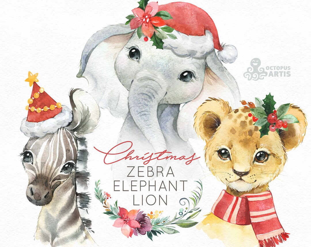 Christmas. Zebra, Elephant, Lion, Watercolor African Little Animals ...