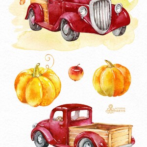 Harvest Truck. Watercolor Autumn Clipart, Pumpkins, Car, Vintage, Farm ...