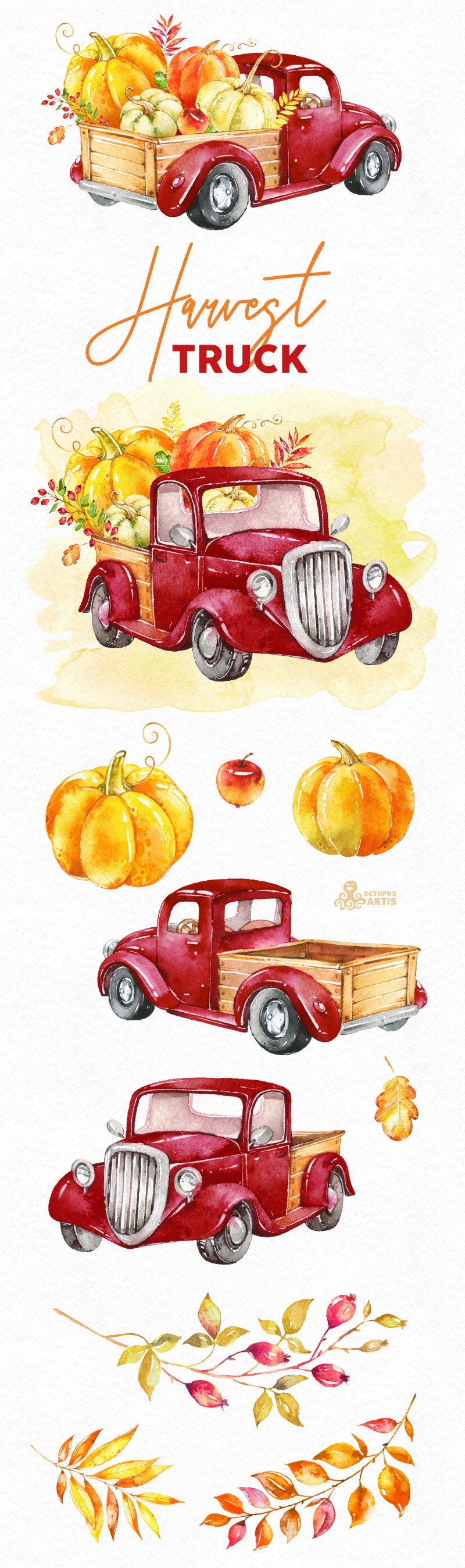 Harvest Truck. Watercolor Autumn Clipart Pumpkins Car - Etsy