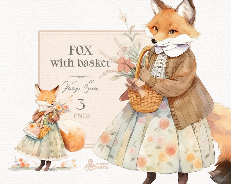 Fox With Basket Vintage. Animal Clipart Woodland Birthday - Etsy