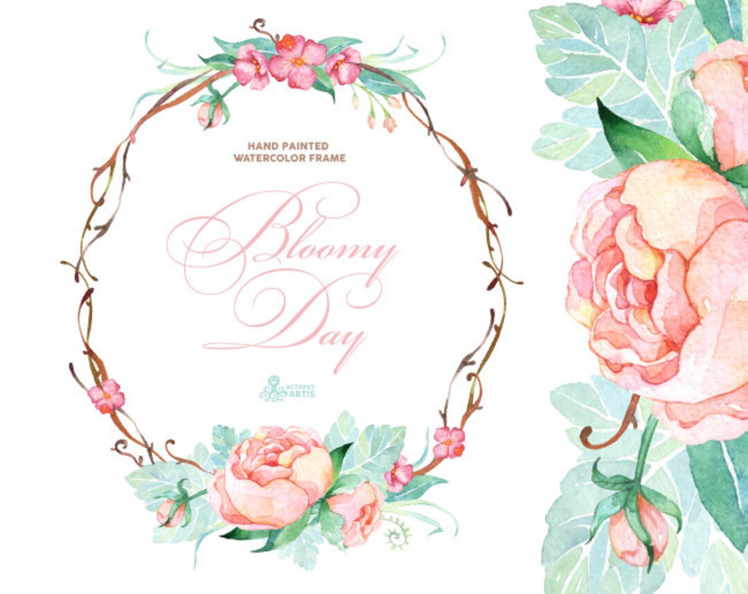 Bloomy Day. Watercolor Frame, Wreath, Wedding Invitation, Floral Frame, Greeting Card, Diy Clip ...