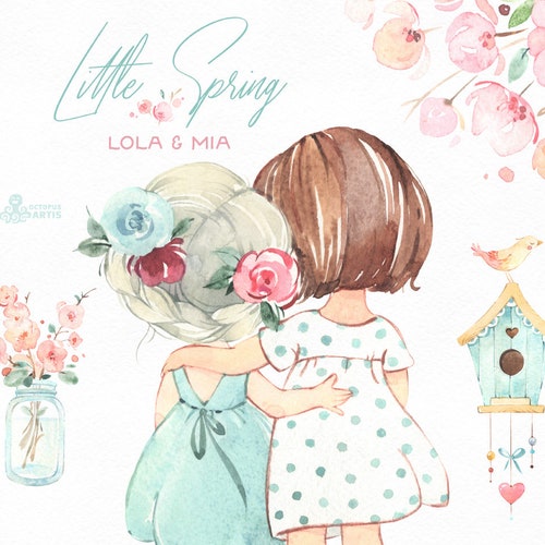 Little Spring. Lola & Mia. Watercolor Clipart Girls Bestie - Etsy