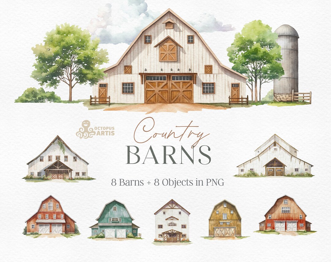 Country Barns. Watercolor Clipart, Farm, Trees, Environment, Home, Png ...