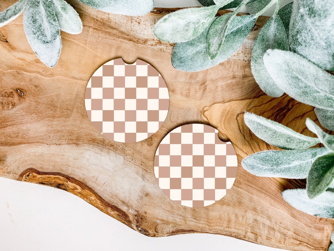 Neutral Checker Print Set of 2 Car Coasters | New Car Gift | Coworker ...