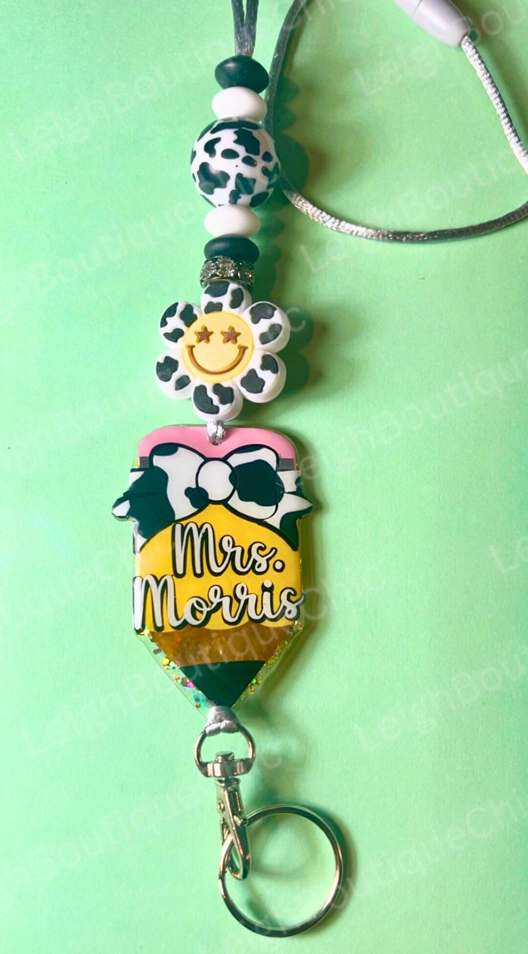 Cow Print Coquette Bow Pencil Glitter Lanyard - Personalized Lanyard ...