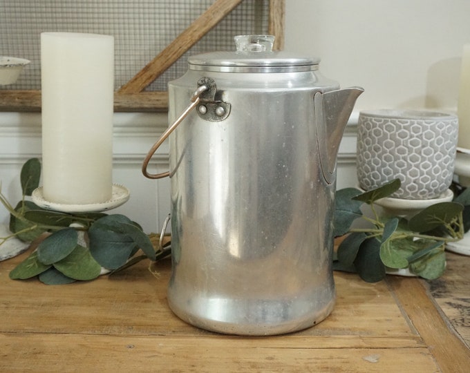 Vintage Aluminum Pitcher With Lid Handles and Glass Knob Large 10 Metal ...