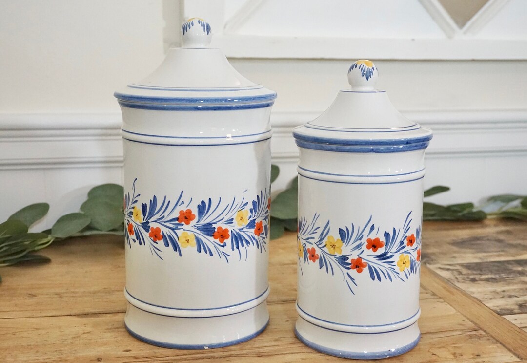 Vintage Italian Apothecary Jars W Blue Stripes and Floral Pattern - Set ...