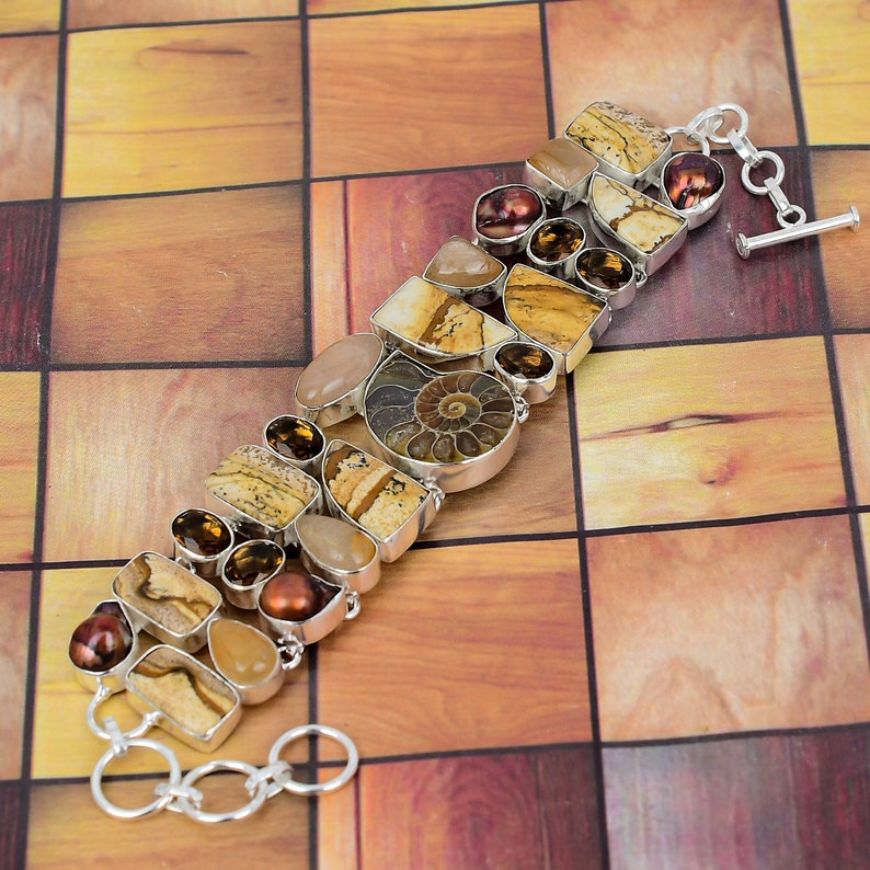 Ammonite Fossil & Jasper Bracelet: Biwa Pearl, Smoky Topaz, Silver ...